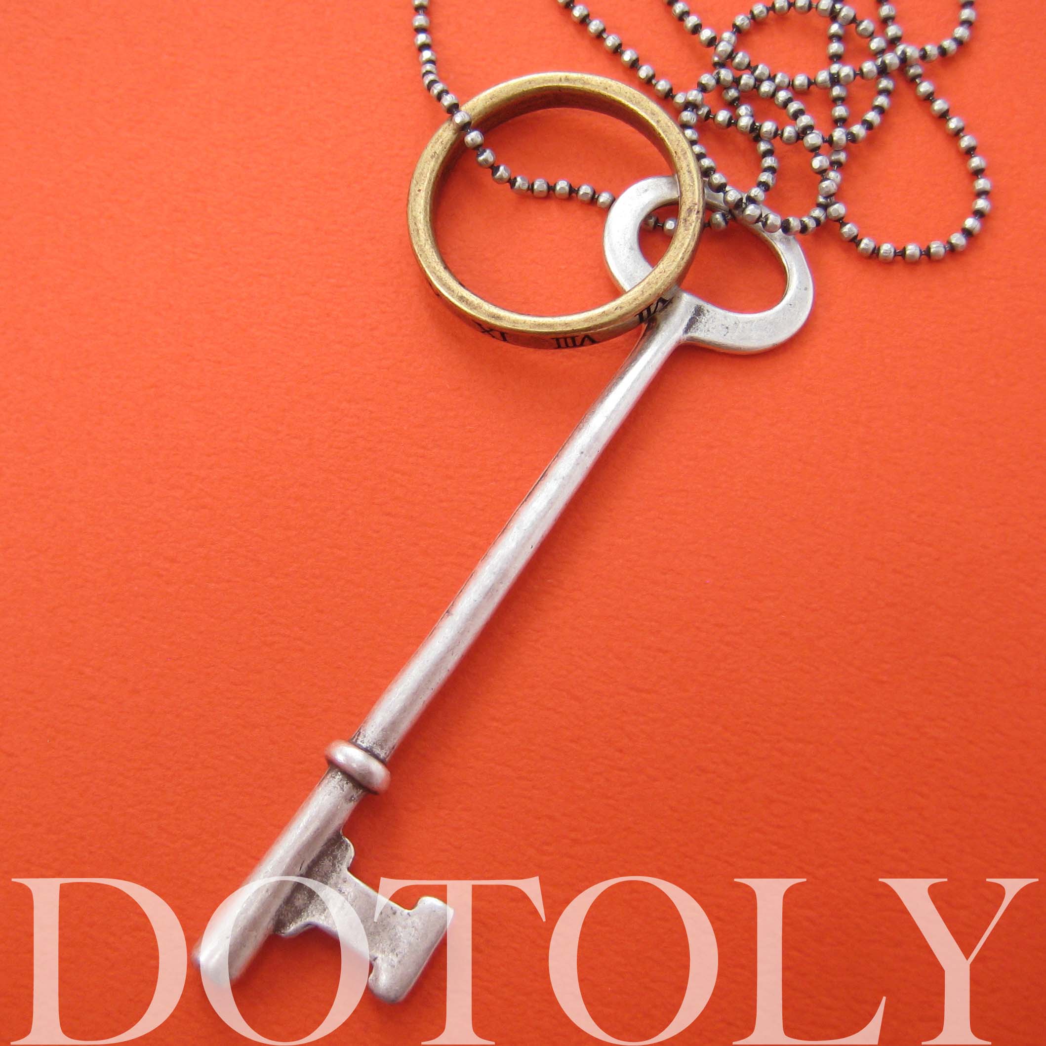 Antique Skeleton Key And Number Ring Charm Necklace In Silver DOTOLY Antique Skeleton Key And Number Ring Charm Necklace In Silver DOTOLY