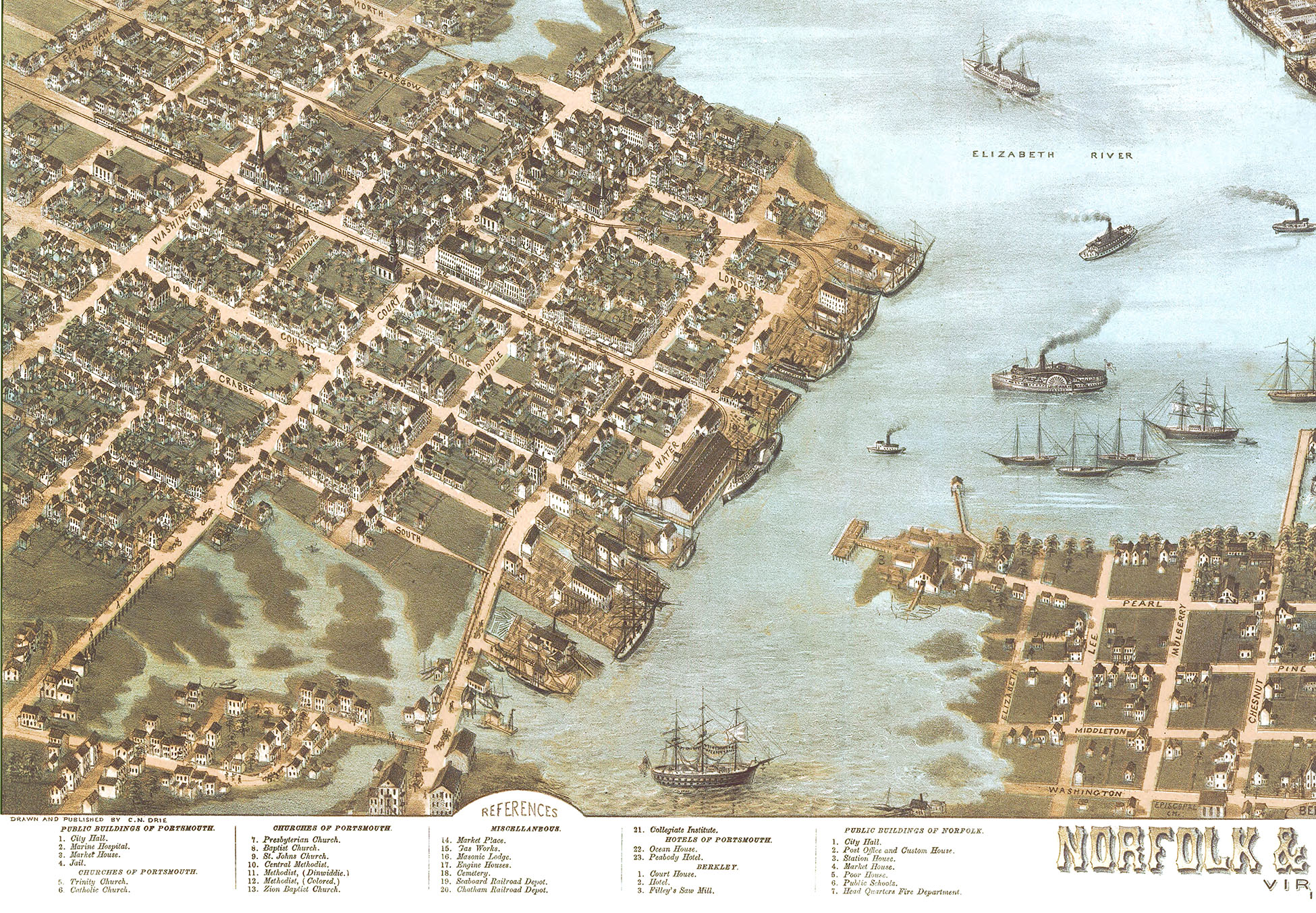 Norfolk and Portsmouth, Virginia in 1873 - Bird's Eye View Map, Aerial ...