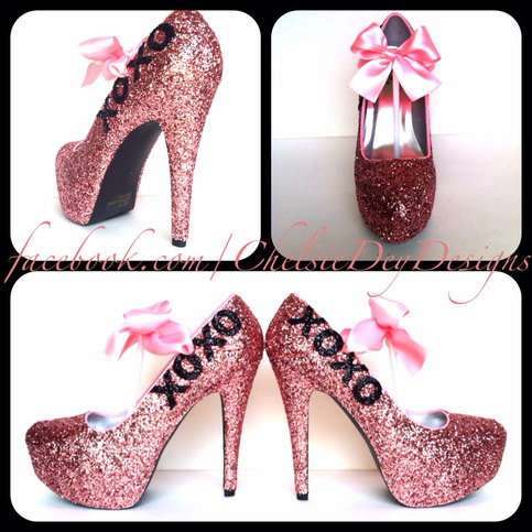 Pink Glitter High Heels, XOXO Platform Pumps, Light Pink Prom Shoes on ...